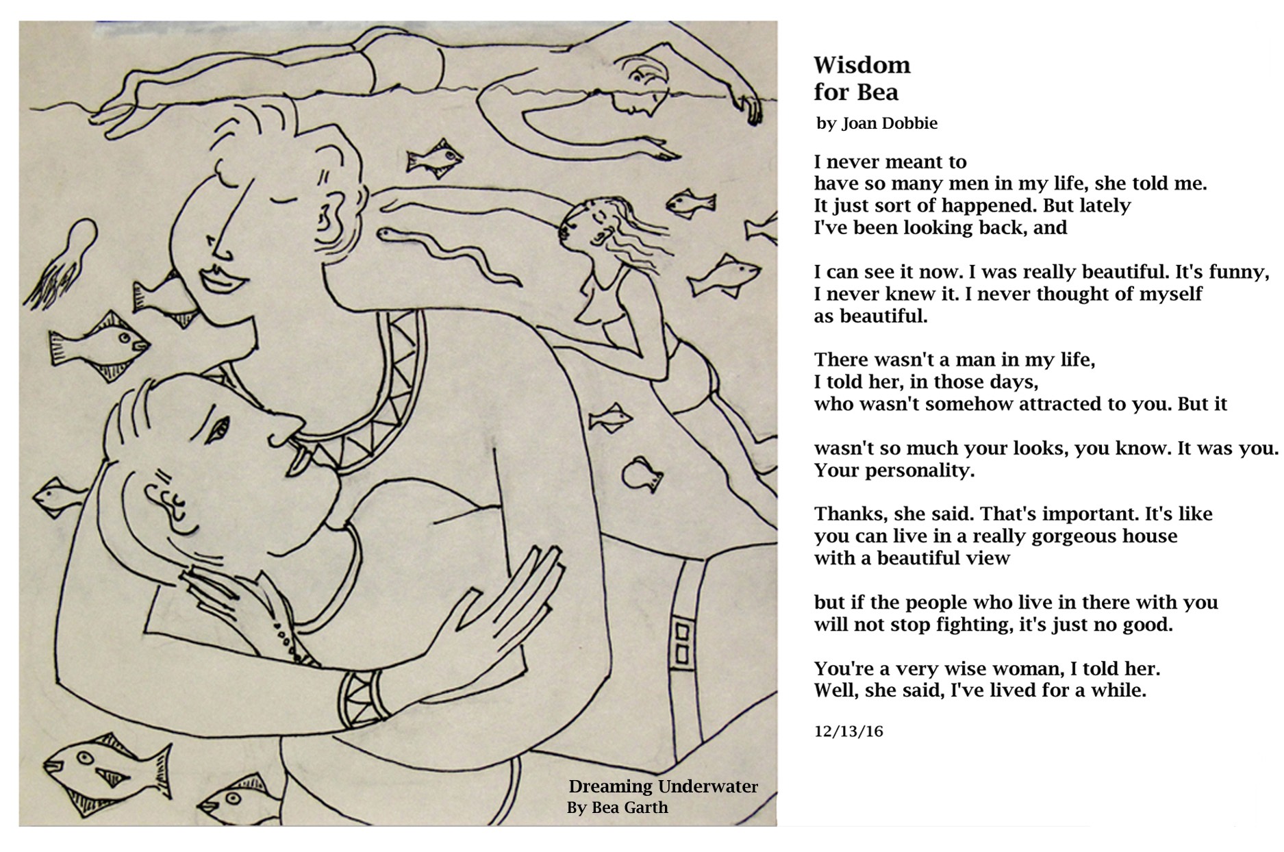 “Wisdom” poem by Joan Dobbie; “Dreaming Underwater” pen and ink by Bea ...